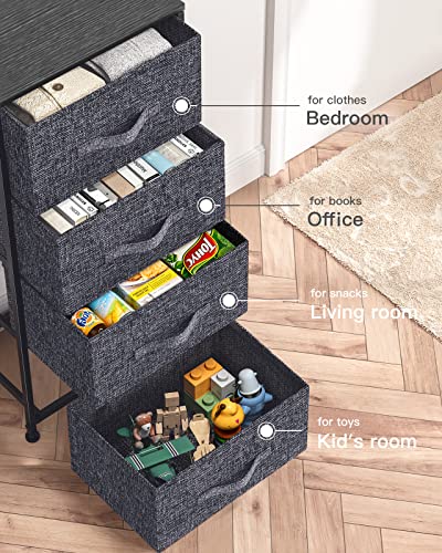 Pipishell Dresser with 4 Drawers, Tall Storage Tower with Sturdy Steel Frame Wood Top,Fabric Dresser Organizer Unit for Bedroom, Hallway, Entryway, Closets, Nursery Room Black