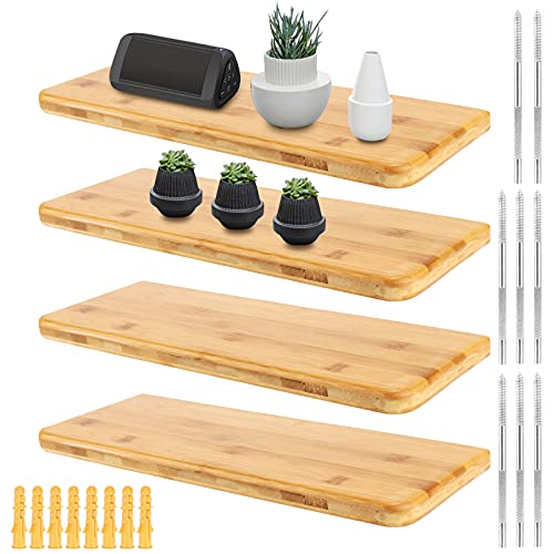 JOIKIT 4 PCS 16 Inch Bamboo Floating Shelves Wall Mounted, Bamboo Wall Shelf, Decorative Floating Shelf for Bedroom, Kitchen, Bathroom, Living Room