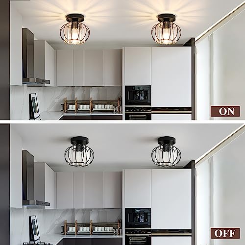 IBBIBABO 2-Pack Industrial Semi Flush Mount Ceiling Light Fixtures, Black Modern Crystal Ceiling Lights, Farmhouse Ceiling Lamps for Bedroom Living Room Hallway Entryway Kitchen Bathroom, E26 Socket