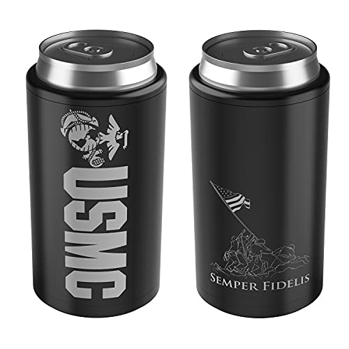 Marine Corps 4 in 1 Insulated Can Cooler, Stainless Steel Double-Walled Insulator for 12 oz Standard or Skinny Slim Cans, 12 Oz Beer Bottles & Mixed Drinks β Gifts for Marines