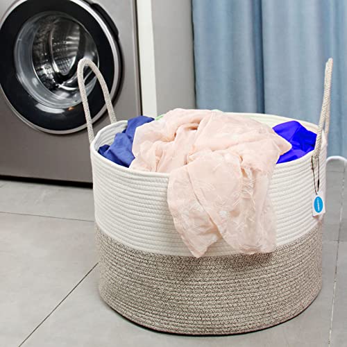 Casaphoria XXXLarge Cotton Rope Basket for Living Room - Woven Storage Basket with long Handle for Blankets, Towels and Pillows Laundry Hamper | Cream white and Brown (22" x 22" x 14")