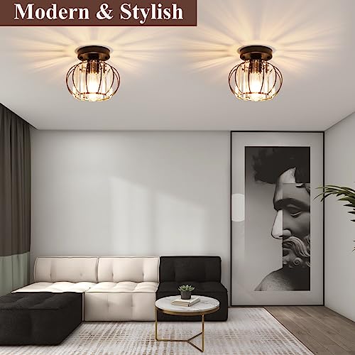 IBBIBABO 2-Pack Industrial Semi Flush Mount Ceiling Light Fixtures, Black Modern Crystal Ceiling Lights, Farmhouse Ceiling Lamps for Bedroom Living Room Hallway Entryway Kitchen Bathroom, E26 Socket