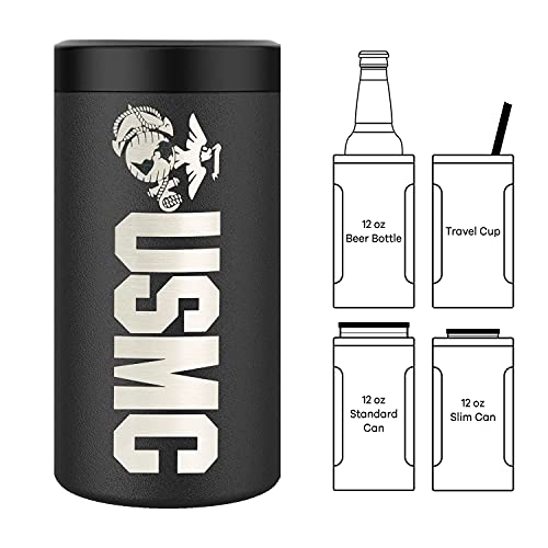 Marine Corps 4 in 1 Insulated Can Cooler, Stainless Steel Double-Walled Insulator for 12 oz Standard or Skinny Slim Cans, 12 Oz Beer Bottles & Mixed Drinks β Gifts for Marines