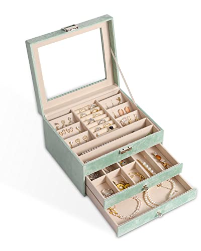 Jewelry Box for Women, Jewerly Case with 2 Drawers, Leather Design Lockable Jewelry Case with, for Necklaces, Earrings, Rings, Bracelet, Gift for Loved Women