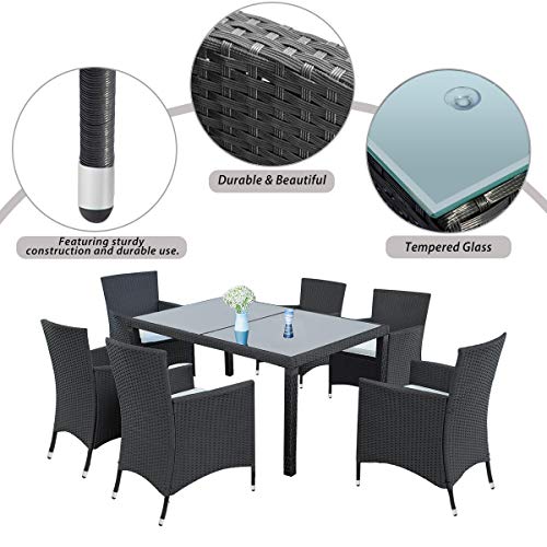 ERYE 7 Pieces PE Wicker Rattan Dining Sets Include Tempered Frosted Glass Table,6 Armchairs and Cushions, All-Weather Outdoor & Patio Conversation Dinner Furniture for Garden Backyard,Black +Beige