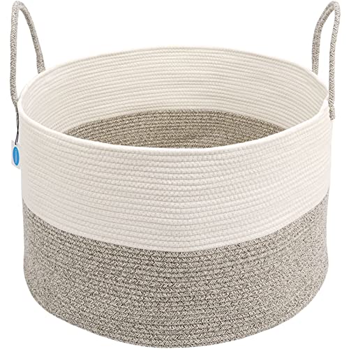 Casaphoria XXXLarge Cotton Rope Basket for Living Room - Woven Storage Basket with long Handle for Blankets, Towels and Pillows Laundry Hamper | Cream white and Brown (22" x 22" x 14")