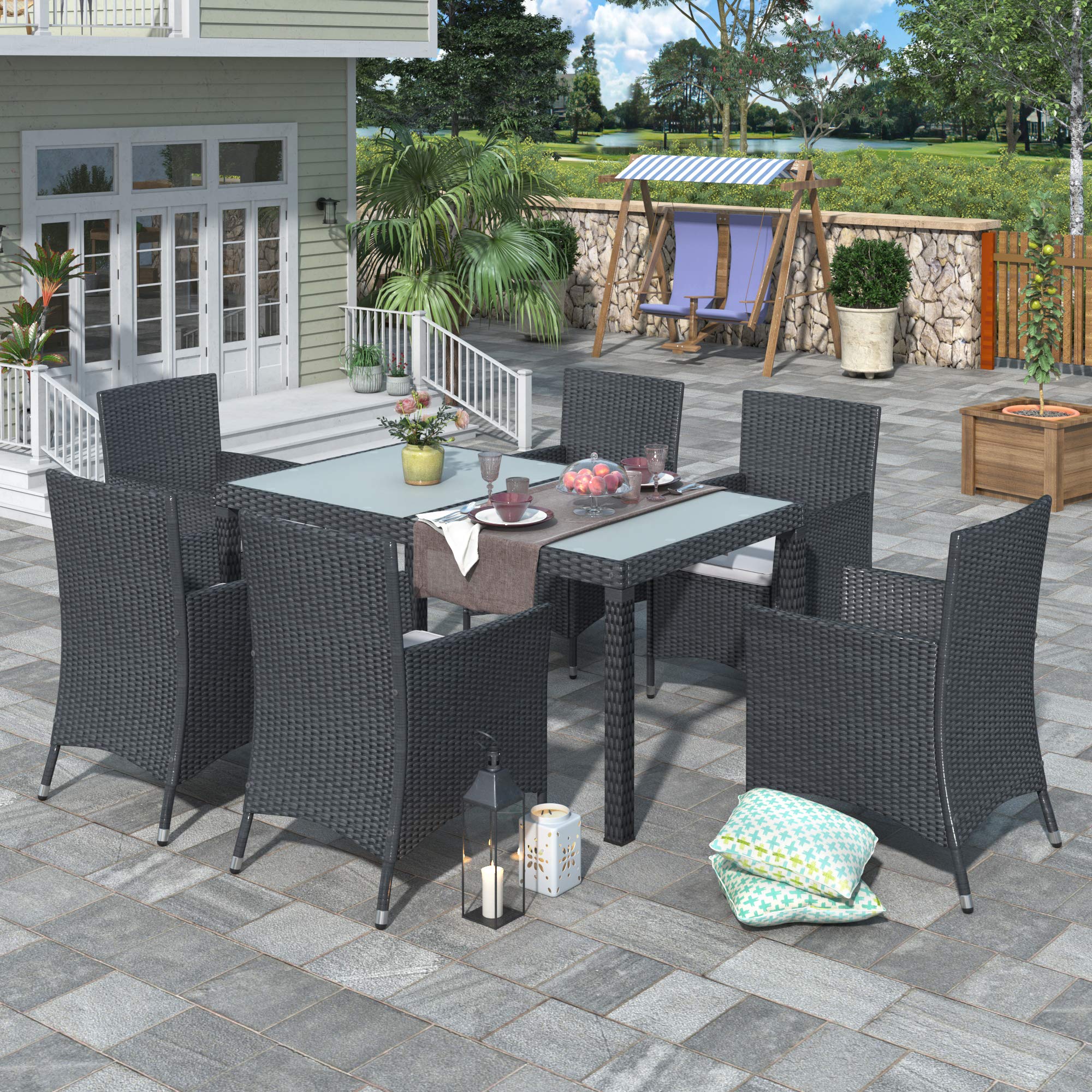 ERYE 7 Pieces PE Wicker Rattan Dining Sets Include Tempered Frosted Glass Table,6 Armchairs and Cushions, All-Weather Outdoor & Patio Conversation Dinner Furniture for Garden Backyard,Black +Beige