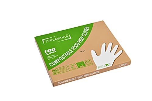 TYPLASTICS Compostable Food Prep Gloves, Large, Pack of 100, ASTM D6400, US BPI and Europe OK Compost HOME Certified