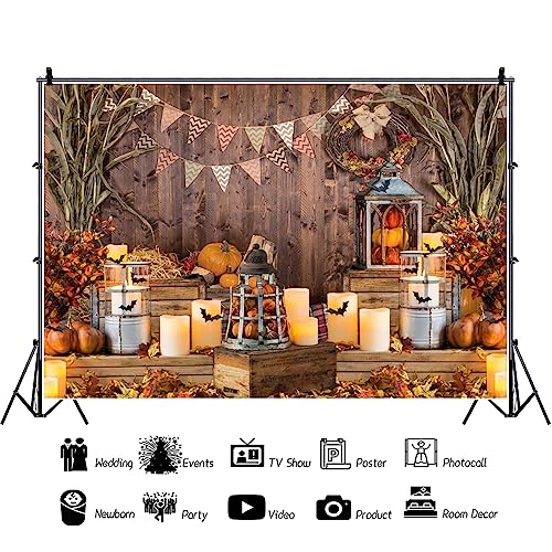 7x5ft Vinyl Fall Halloween Backdrop Pumpkin Bat Candle Hay Maple Leaves Background Rustic Wooden Backdrop Thanksgiving Photo Booth Props Funny Birthday Party Decorations Banner Supplies