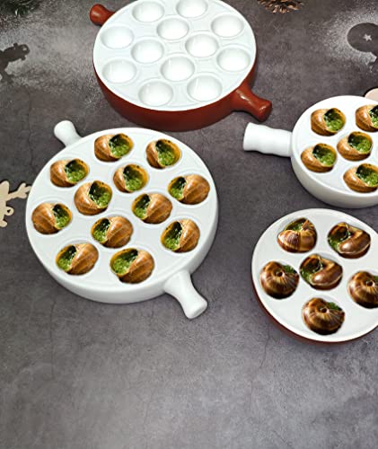 jinsongdafa Ceramic Escargot Plates (2-Pack) 6.22-Inch with Handle Footed Dishes, Oven Safe Holes Set for Home Restaurant Hotel (Brown, 6.22 inch)