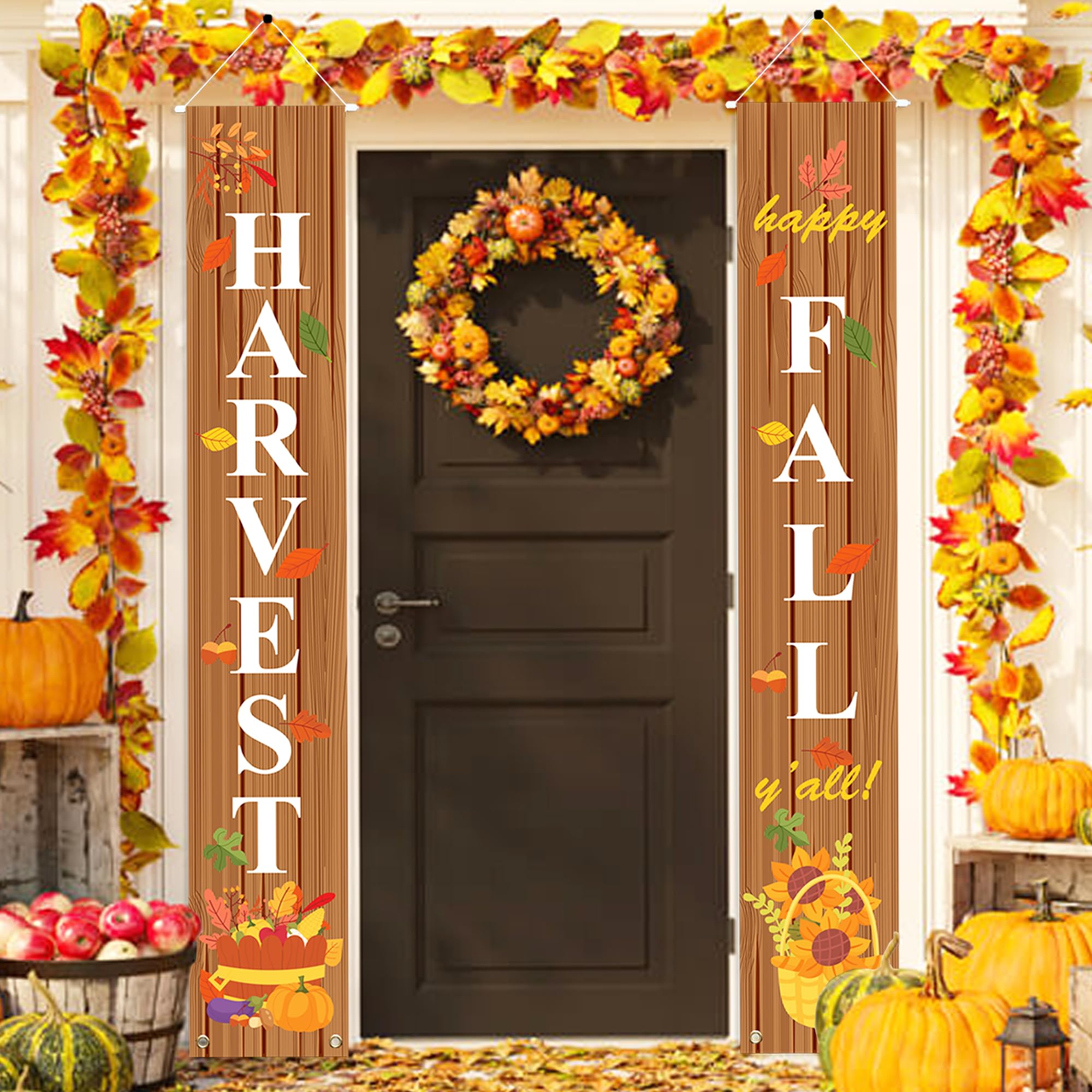 Uniwish Happy Fall Y'all Porch Banner Front Door Sign Harvest Bunting Vertical Welcome Hanging Flags for Fall Thanksgiving Decorations Garland Autumn Farmhouse Home Yard Decor