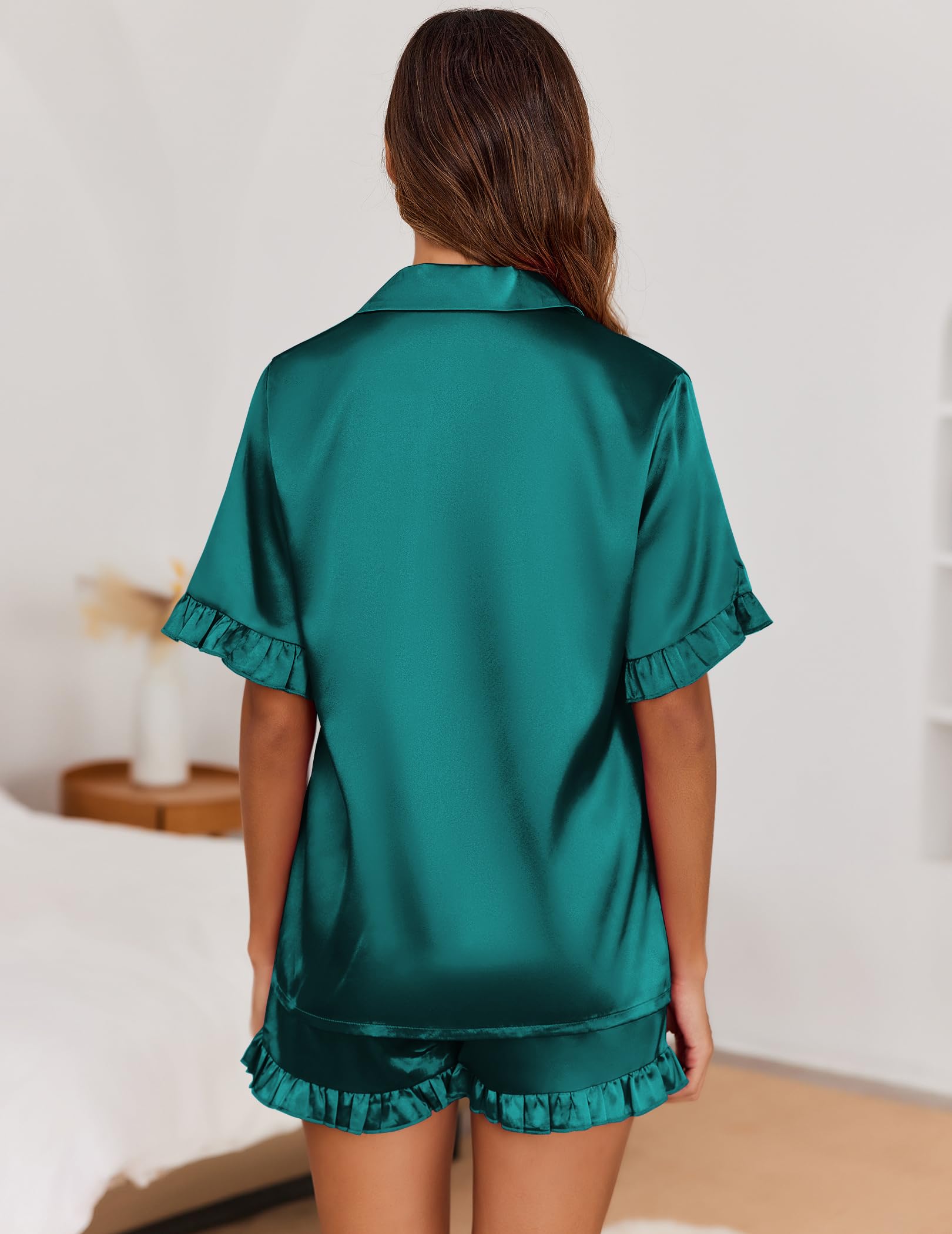 Ekouaer Womens Satin Pajamas Set Button Down Silk 2 Piece Pj Sets Ruffle Short Sleeve Sleepwear,Blue Green,L