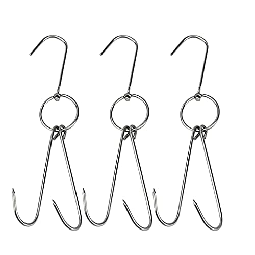 Setaria Viridis 3 PCS Double Meat Hooks Roast Duck Bacon Hams Shop Hook BBQ Grill Drying Hanger Cooking Tools Accessories for Peking Duck (Silver)