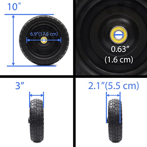 (4-Pack) 10ββ Replacement Tire for Gorilla Cart - Solid Polyurethane Flat-Free Tire and Wheel Assembly - 3β Wide Tires with 5/8 Axle Borehole and 2.1β Hub