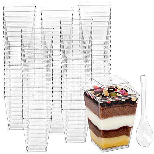 Colovis Desert Cups with Lids and Spoons, 100 Pack 5 OZ Clear Square Parfait Cups Plastic Appetizer Cups for Party Cheesecakes Puddings Fruits (100)