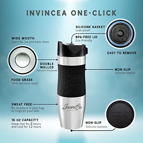 INVINCEA ONE-CLICK Travel Mug: Thermal Vacuum-Insulated Coffee Mug, Double-Wall Stainless Steel Durable Mug with a Leak Proof Lid for your Daily Hot/Cold/Ice Drinks; 16-oz Metal Cups. Black/Violet
