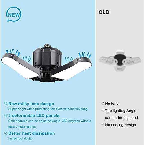 2-Pack LED Garage Lights, 80W LED Shop Light 5000K 6000LM Three-Leaf Garage Ceiling Light Fixtures,Adjustable Multi-Position Panels,E26 Base,LED Glow Light for Garage, Workshop Attic and Basement