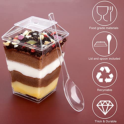 Colovis Desert Cups with Lids and Spoons, 100 Pack 5 OZ Clear Square Parfait Cups Plastic Appetizer Cups for Party Cheesecakes Puddings Fruits (100)