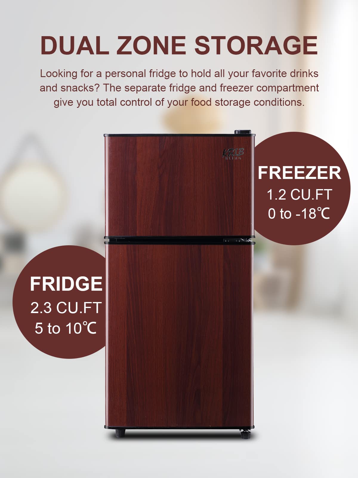 KRIB BLING Refrigerator with Freezer 3.5 Cu.Ft with 7 Level Adjustable Thermostat Control 2 Door Energy Saving Top-Freezer Compact Refrigerator Wood