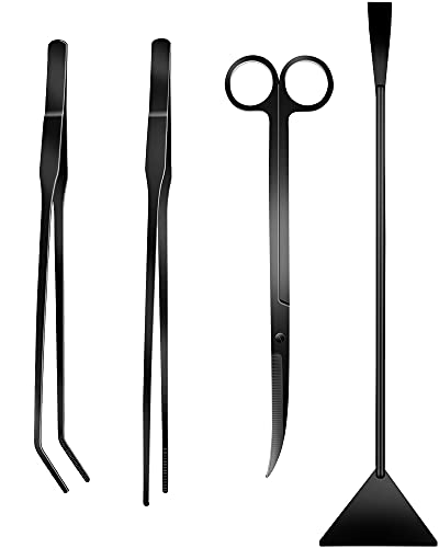 4Pcs Aquascaping Tools Kit, Long Stainless Steel Aquarium Plant Tools with Black Anti-rust Coating, Aquarium Tweezers, Scissors, and Scrapers for Aquascaping Cleaningļ¼Free Magnetic Tool Holderļ¼