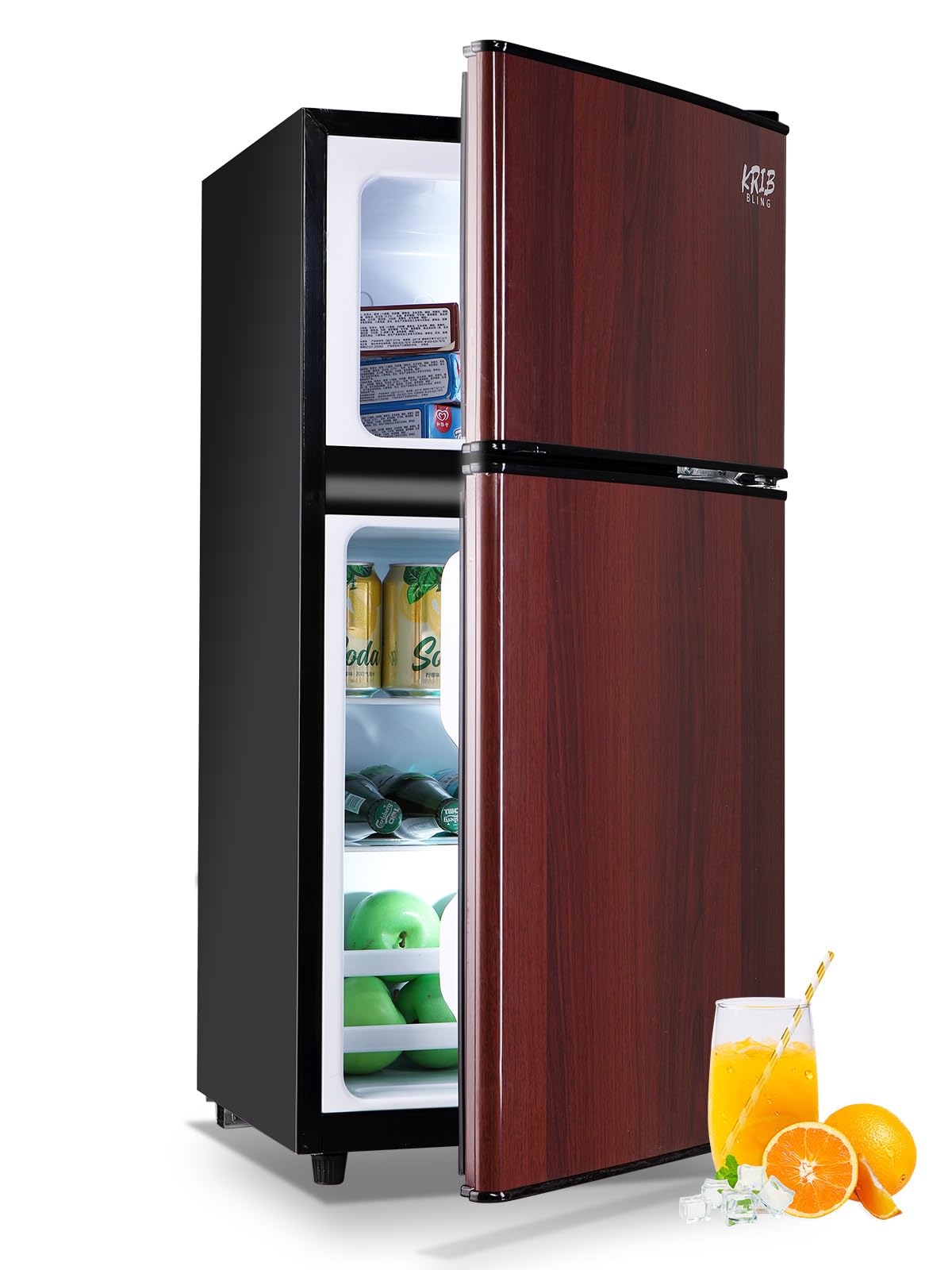 KRIB BLING Refrigerator with Freezer 3.5 Cu.Ft with 7 Level Adjustable Thermostat Control 2 Door Energy Saving Top-Freezer Compact Refrigerator Wood