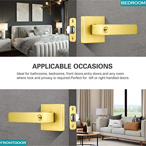 Gold Door Handles Door Knobs,Heavy Duty Modern Interior/Exterio Satin Brass Door Lever Not Keyed Alike Front Entry Door Handle wth Lock(1 Pack)
