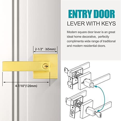 Gold Door Handles Door Knobs,Heavy Duty Modern Interior/Exterio Satin Brass Door Lever Not Keyed Alike Front Entry Door Handle wth Lock(1 Pack)