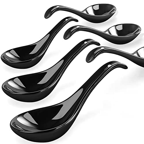 Wareland Asian Soup Spoon Set of 6, 6.75 inch Ultra-fine Ceramic Chinese Soup Spoons, Black Japanese Soup Spoon for Cereal Stews Ramen Pho Wonton Dumpling Miso, Deep Oval Hook Design, Dishwasher Safe