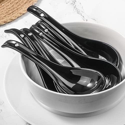Wareland Asian Soup Spoon Set of 6, 6.75 inch Ultra-fine Ceramic Chinese Soup Spoons, Black Japanese Soup Spoon for Cereal Stews Ramen Pho Wonton Dumpling Miso, Deep Oval Hook Design, Dishwasher Safe