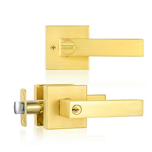 Gold Door Handles Door Knobs,Heavy Duty Modern Interior/Exterio Satin Brass Door Lever Not Keyed Alike Front Entry Door Handle wth Lock(1 Pack)