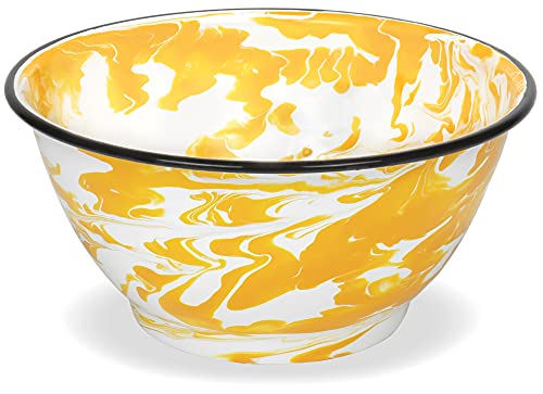 Red Co. Set of 2 Enamelware Metal Large Classic 4 quart Round Salad Serving Bowl, Yellow Swirls/Black Rim