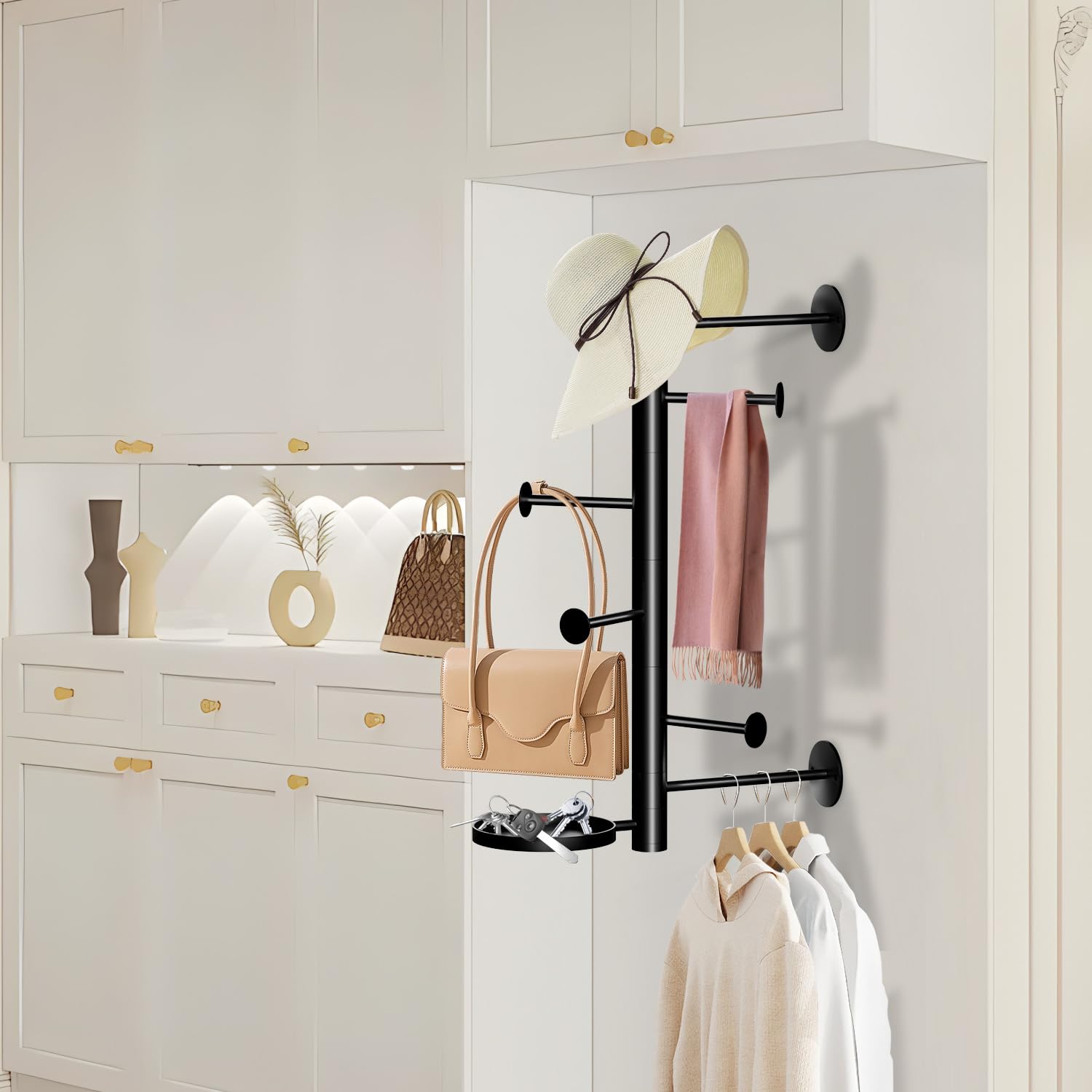 RCHYFEED Coat Rack Wall Mount, Vertical Coat Tree for Wall 16.9 Inch, Metal Modern Wall Hat Rack for Jackets, Bags, Hats, Swivel Coat Hanger with 6 Branches Key Tray for Entryway Living Room