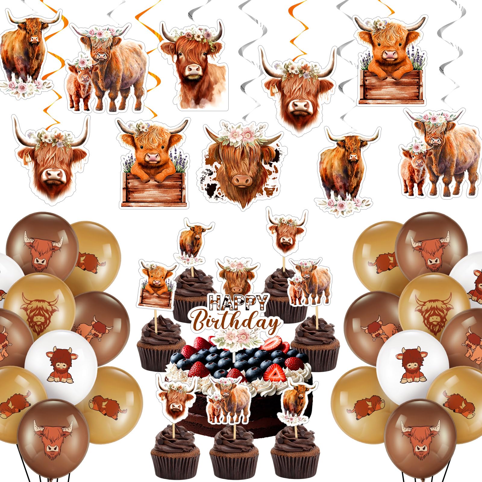 Libima 99 Pieces Highland Cow Birthday Decorations Include 25 Highland Cow Cake Toppers 50 Pcs 12 Inch Cattle Latex Balloons and 24 Highland Cow Hanging Swirls for Highland Cow Cattle Birthday Party