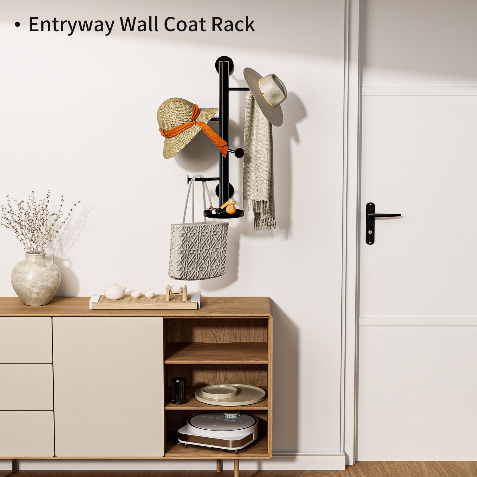 RCHYFEED Coat Rack Wall Mount, Vertical Coat Tree for Wall 16.9 Inch, Metal Modern Wall Hat Rack for Jackets, Bags, Hats, Swivel Coat Hanger with 6 Branches Key Tray for Entryway Living Room