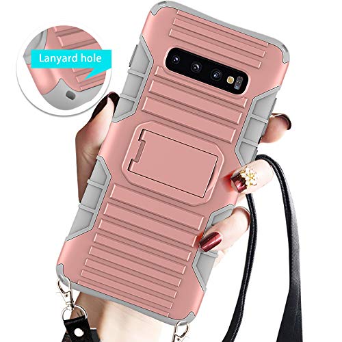 Samsung Galaxy S10 Case with Cross Body Strap and Stand, 2 in 1 Shockproof Hybrid Hard PC & Soft Rubber, Crossbody Lanyard Perfect for Go Outside and Women Kid Elderly,Pink