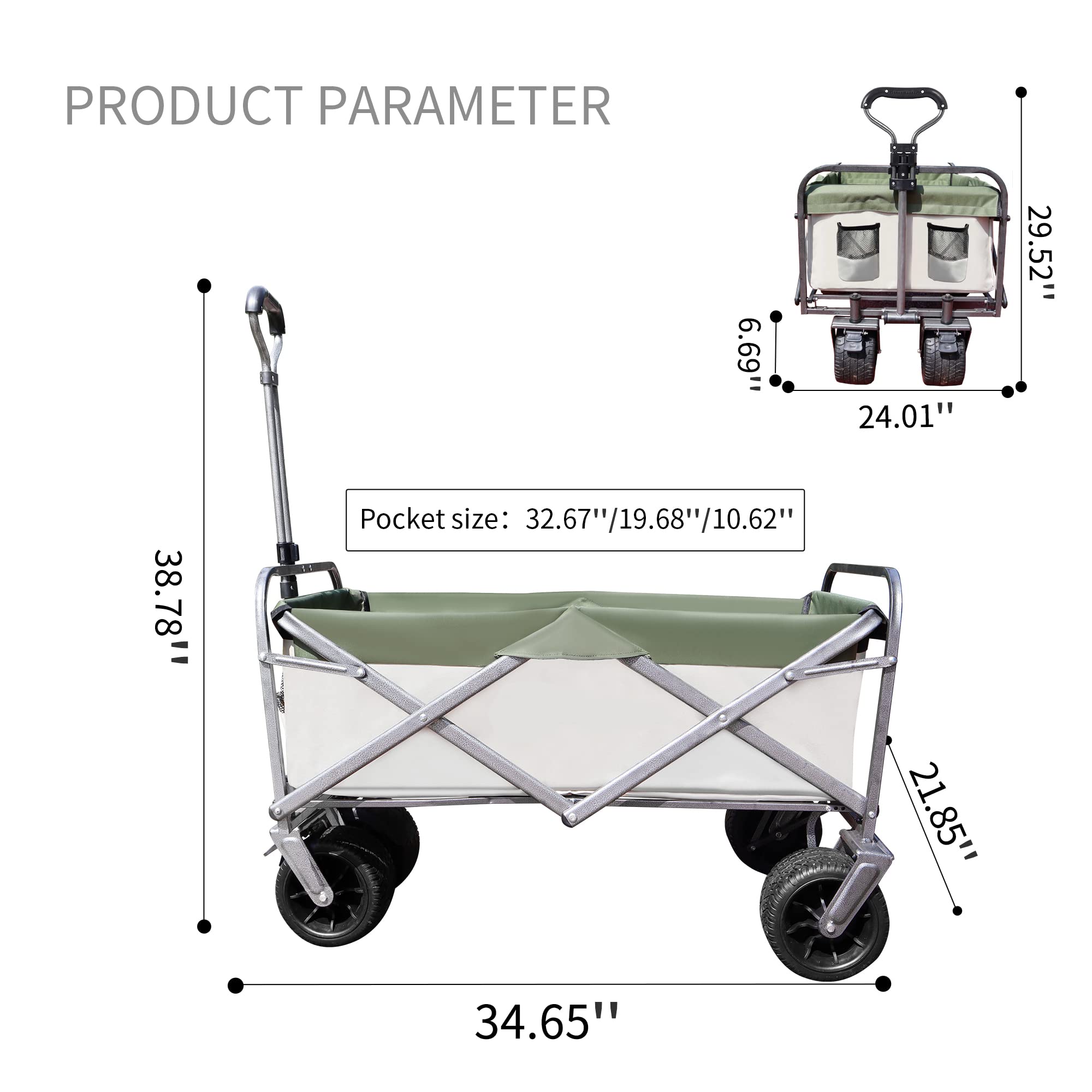 GLANZEND Collapsible Foldable Wagon, Utility Wagon Garden Trolley Cart Adjustable Handle All-Terrain Beach Wheels & Drink Holders, for Shopping Outdoor Camping Beach Garden, Green+White