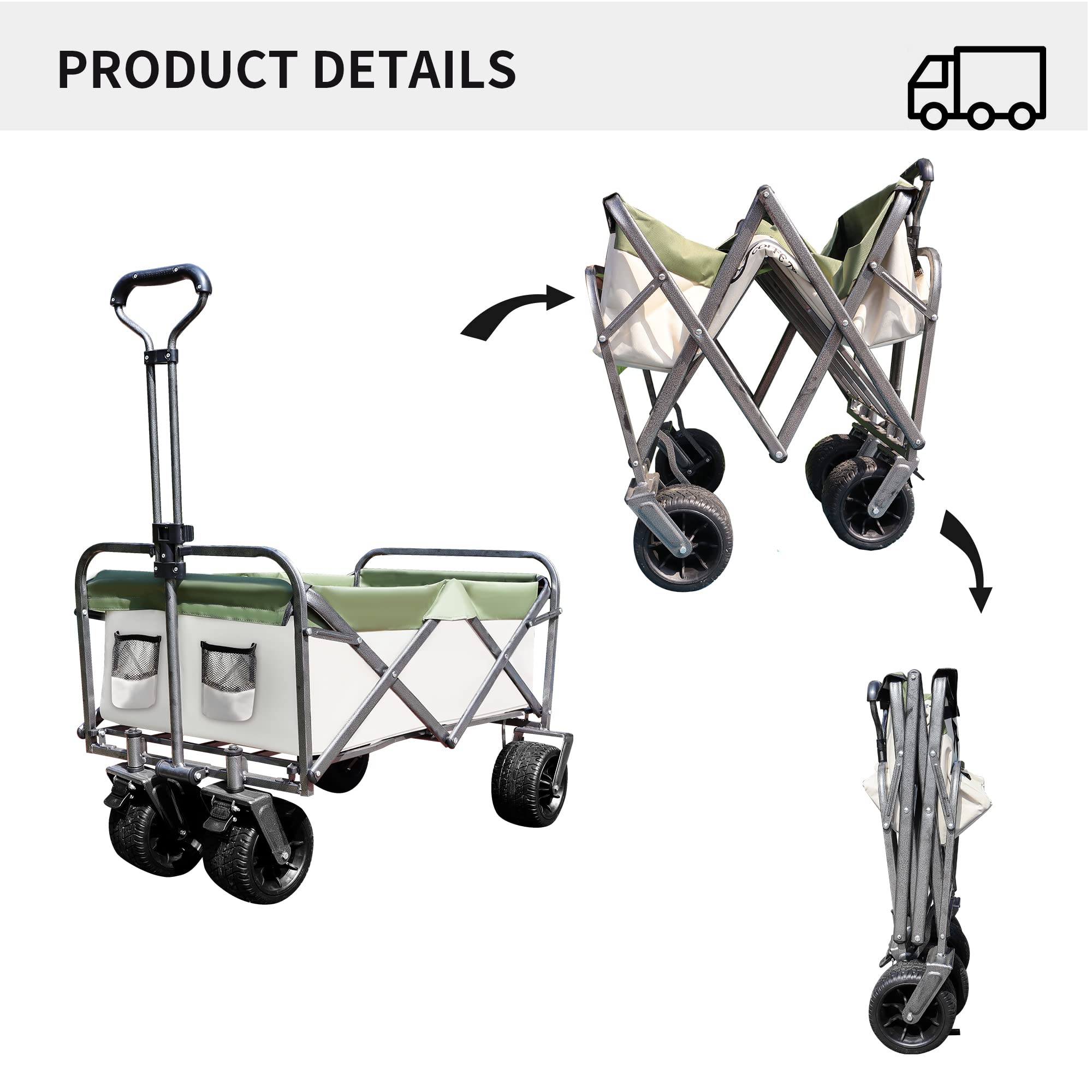 GLANZEND Collapsible Foldable Wagon, Utility Wagon Garden Trolley Cart Adjustable Handle All-Terrain Beach Wheels & Drink Holders, for Shopping Outdoor Camping Beach Garden, Green+White