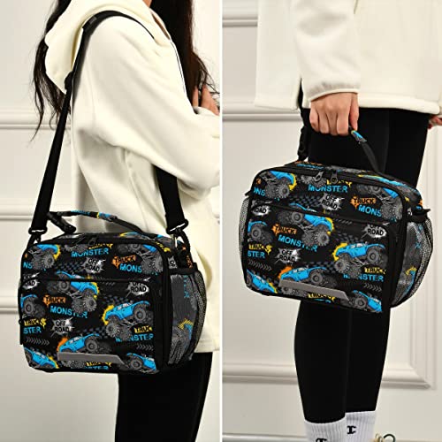 Exnundod Monster Truck Lunch Bag, Cartoon Modern Trucks Insulated Reusable Lunchbox Adjustable Shoulder Strap Cooler Tote Bag for Travel Picnic Beach