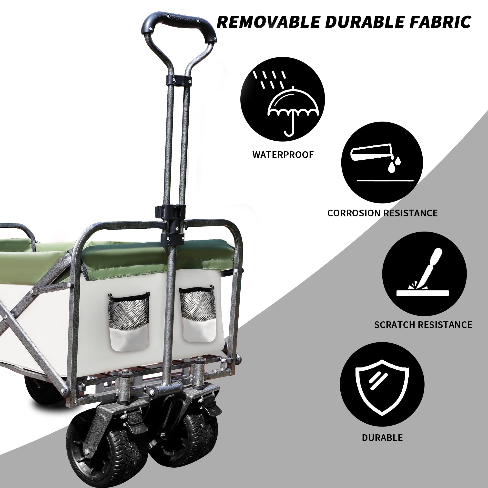 GLANZEND Collapsible Foldable Wagon, Utility Wagon Garden Trolley Cart Adjustable Handle All-Terrain Beach Wheels & Drink Holders, for Shopping Outdoor Camping Beach Garden, Green+White