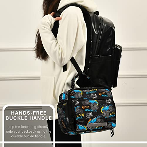 Exnundod Monster Truck Lunch Bag, Cartoon Modern Trucks Insulated Reusable Lunchbox Adjustable Shoulder Strap Cooler Tote Bag for Travel Picnic Beach