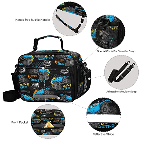 Exnundod Monster Truck Lunch Bag, Cartoon Modern Trucks Insulated Reusable Lunchbox Adjustable Shoulder Strap Cooler Tote Bag for Travel Picnic Beach