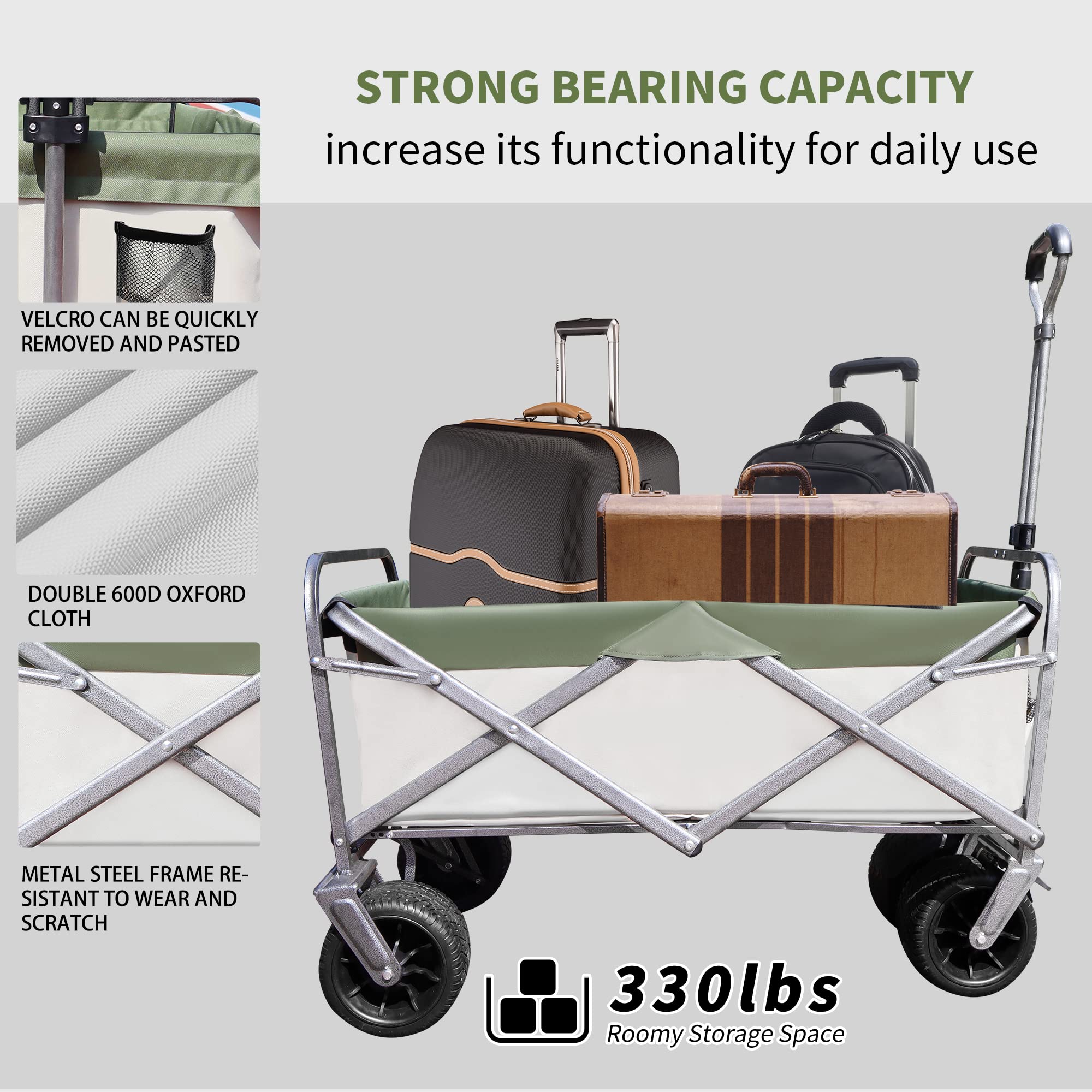GLANZEND Collapsible Foldable Wagon, Utility Wagon Garden Trolley Cart Adjustable Handle All-Terrain Beach Wheels & Drink Holders, for Shopping Outdoor Camping Beach Garden, Green+White