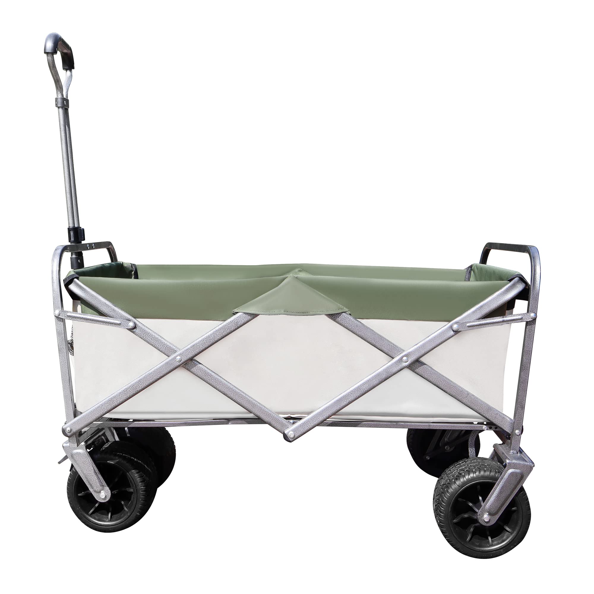 GLANZEND Collapsible Foldable Wagon, Utility Wagon Garden Trolley Cart Adjustable Handle All-Terrain Beach Wheels & Drink Holders, for Shopping Outdoor Camping Beach Garden, Green+White