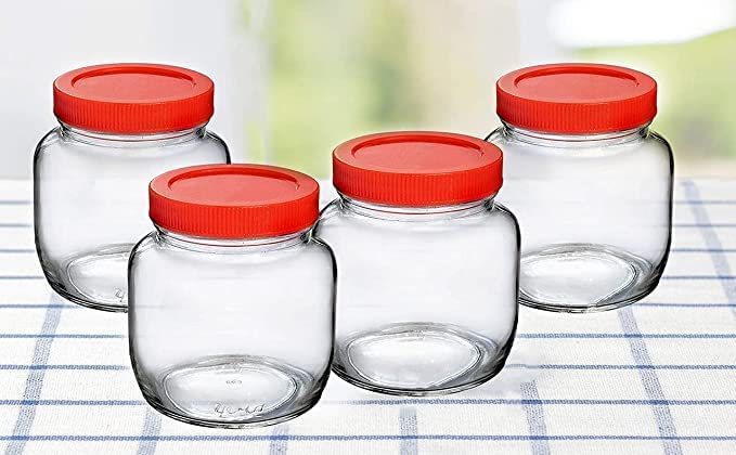 Yera Glass Square Clear Jars & Containers||for Kitchen Pantry Masala,Honey,Pickles,Dry Fruits,and Coffee Beans Storage||Gifting And Crafting Item||Plastic Red Lid (Aahar Jar) (300ml, Set Of 4)