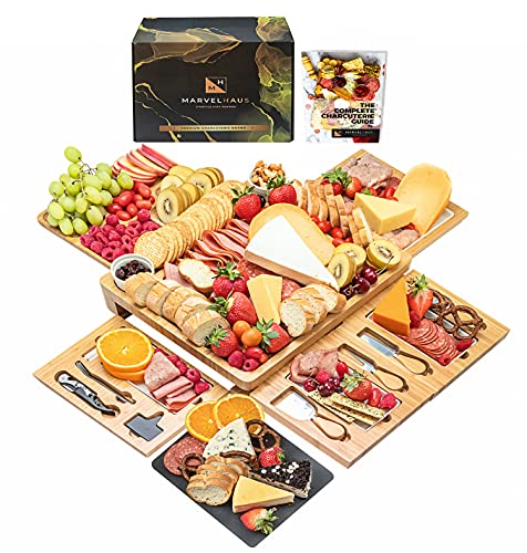 MARVELHAUS Large Cheese Board Set with 21 Accessories - Swivel Design Bamboo Charcuterie Board and Cheese Platter - Kitchen Gadgets, Apartment Essentials, Cheese Boards Charcuterie Boards