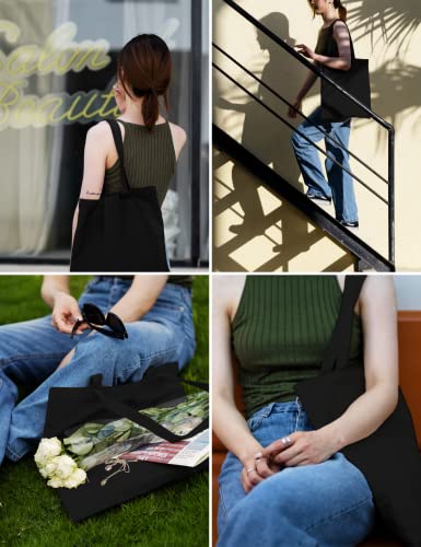 2 Pcs Cotton Canvas Tote Bag Inner Zipper Pocket 12oz 16"x17" Heavy Duty Blank Black Reusable Grocery Shopping Bag Large Plain Cloth Bag for Promotion, Advertising, DIY, Gift