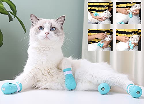 Tmsuxin Cat Boots for Cats Only, Anti-Scratch Cat Feet Covers Adjustable Prickly Anti-Off Shoes for Cat Silicone Cat Paw Protector Boots for Cats of Various Sizes for Cat Bathing and Shaving (Blue)