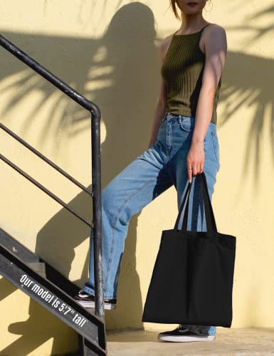 2 Pcs Cotton Canvas Tote Bag Inner Zipper Pocket 12oz 16"x17" Heavy Duty Blank Black Reusable Grocery Shopping Bag Large Plain Cloth Bag for Promotion, Advertising, DIY, Gift