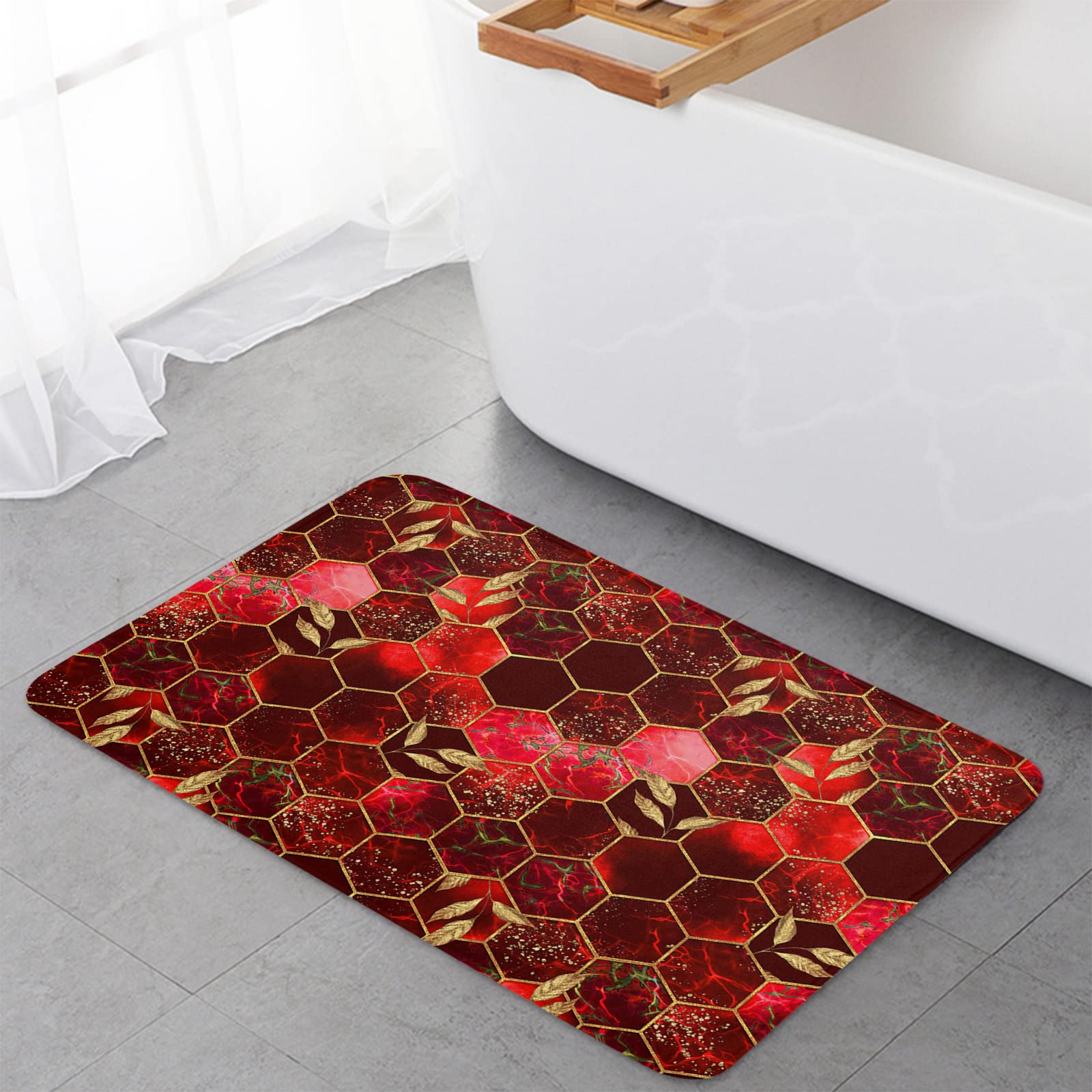 Door Mat Red Marble Memory Foam Cushioned Kitchen Rug,Water Absorbent Soft Touch Standing Mat for Bathroom, Office, Sink, Laundry, Home Honeycomb Texture Golden Leaves 16X24Inch