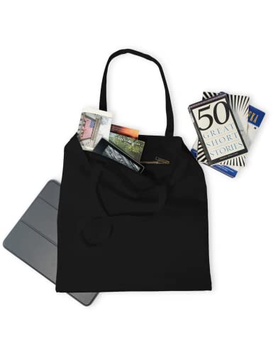 2 Pcs Cotton Canvas Tote Bag Inner Zipper Pocket 12oz 16"x17" Heavy Duty Blank Black Reusable Grocery Shopping Bag Large Plain Cloth Bag for Promotion, Advertising, DIY, Gift